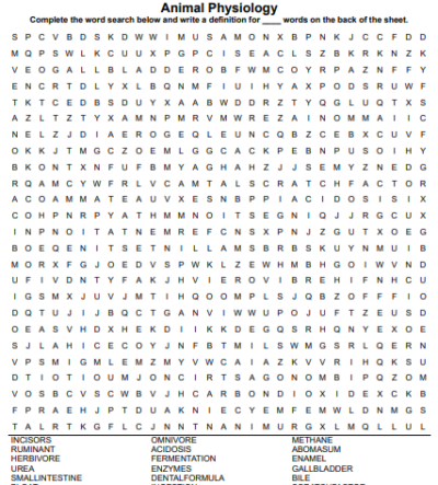 Animal Physiology Wordsearch – Mr. Ag